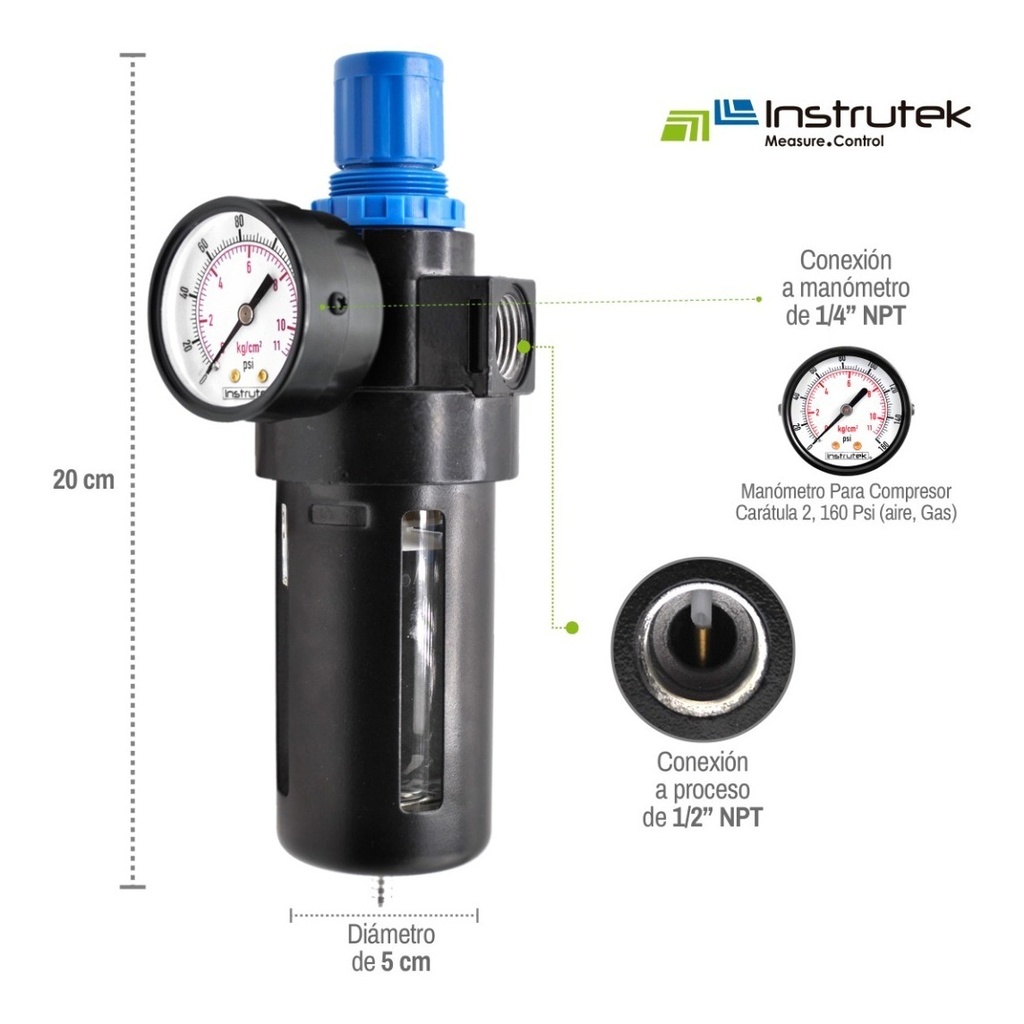 Filtro - Regulador De Aire 1/2 P/ Compresor Con Manómetro | Instrutek